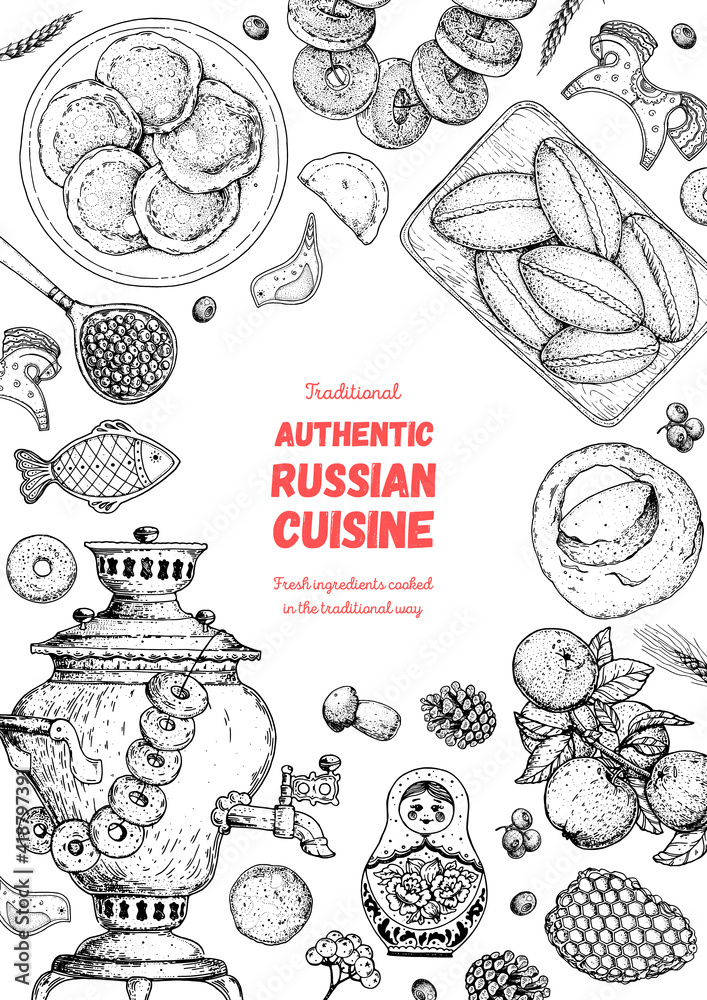Russian cuisine top view frame. Food menu design elements. Traditional ...