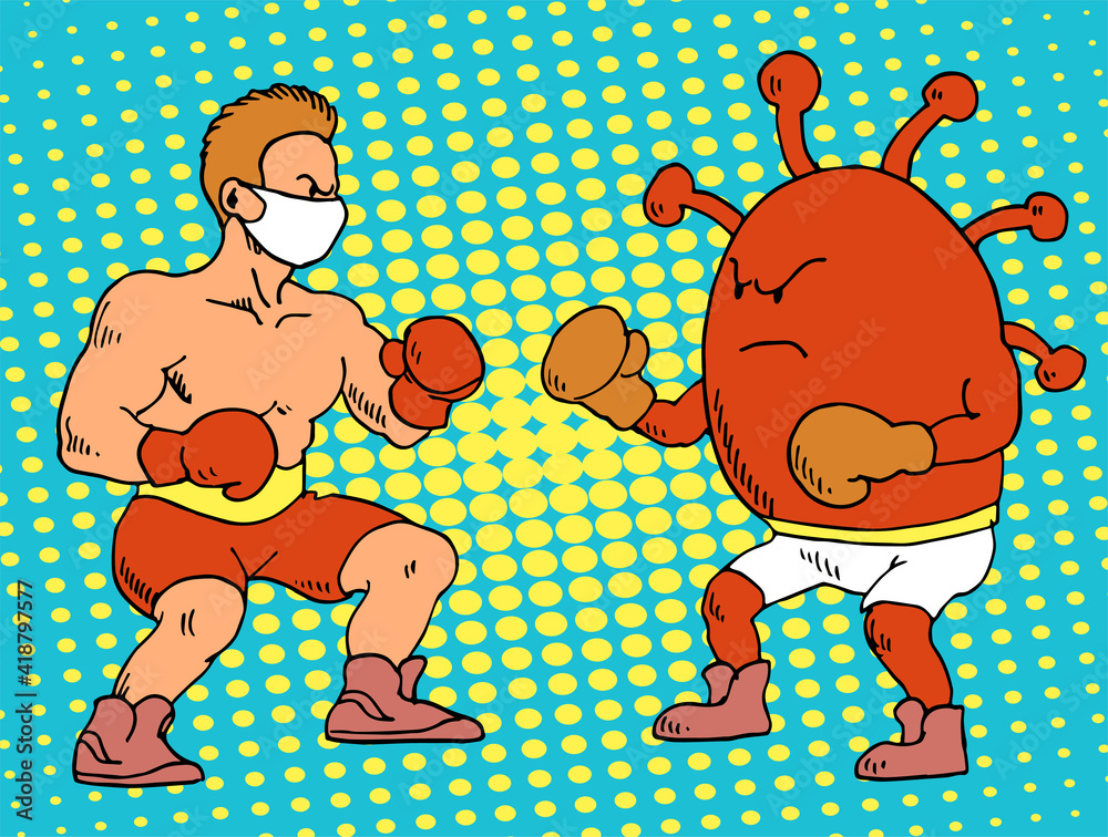 Human fight against the covid-19 virus. Cartoon male boxer fighting ...