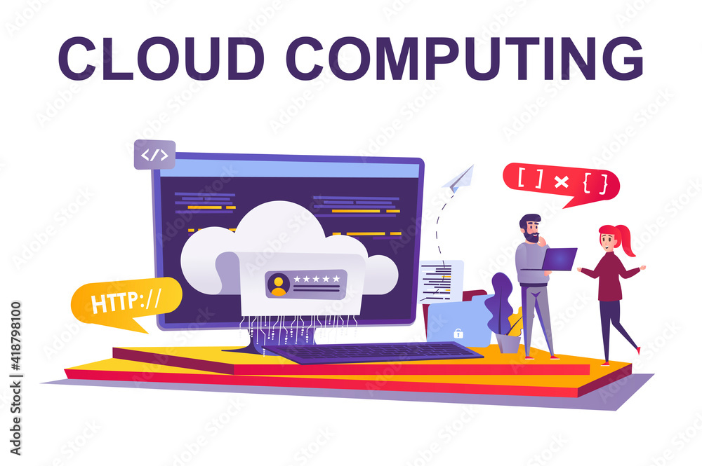 Cloud computing web concept in flat style. People working at datum ...