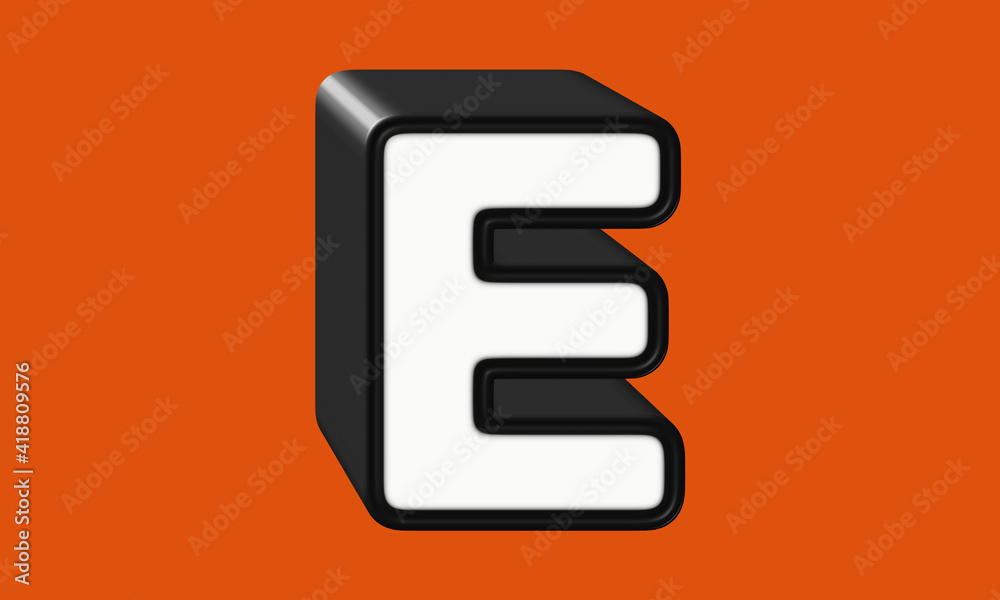 Alphabet letter E, black and white with glossy plastic texture, bold ...