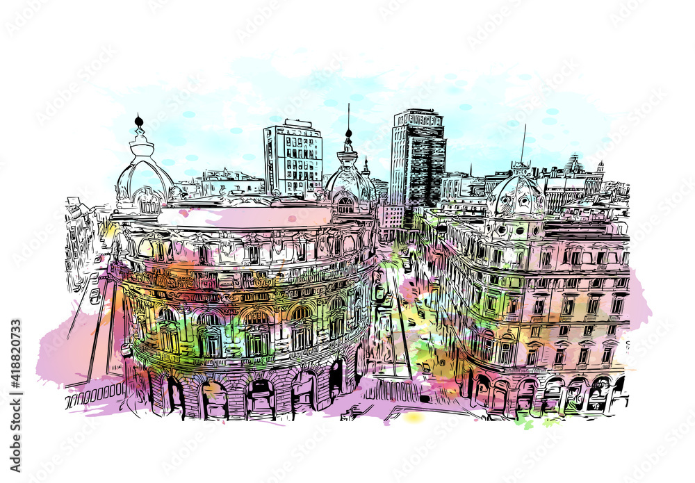 Building view with landmark of Genoa is the city in Italy. Watercolour ...
