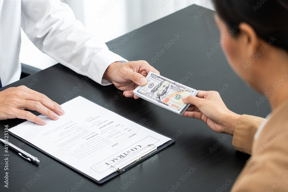 Businessmen give money to bribe partner secretly passing money, bribery ...