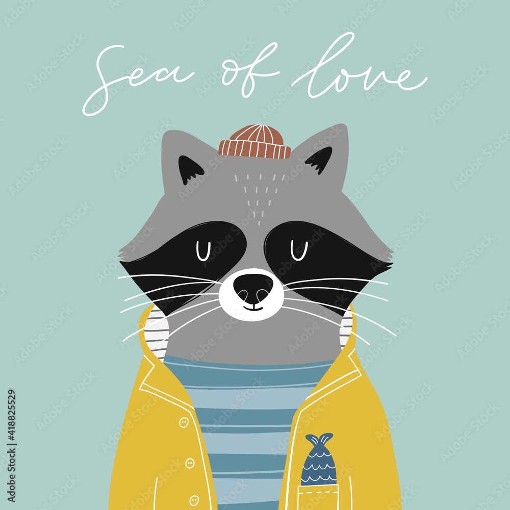 Cute poster with a character - sailor raccoon. Print birthday party and ...