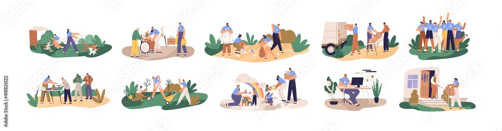 Set of volunteers helping and supporting senior, disabled and homeless ...