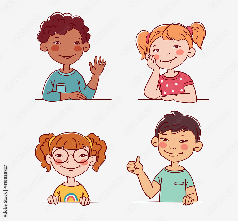 Funny kids. Vector cute boys and girls collection. Multi-ethnic group ...