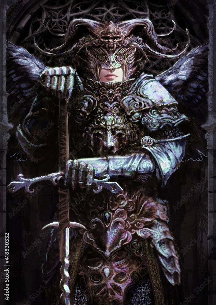 beautiful girl. She is an angel knight leaning on a huge two-handed ...