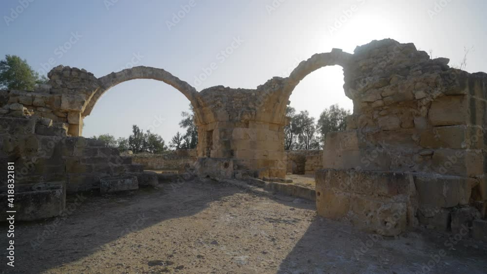 Cinematic shot of the famous arches of the Saranta Kolones Greek castle ...