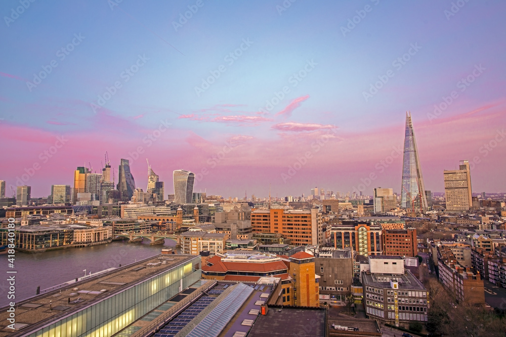 London, England-Panoramic view of the skyline of the Bank and Canary ...