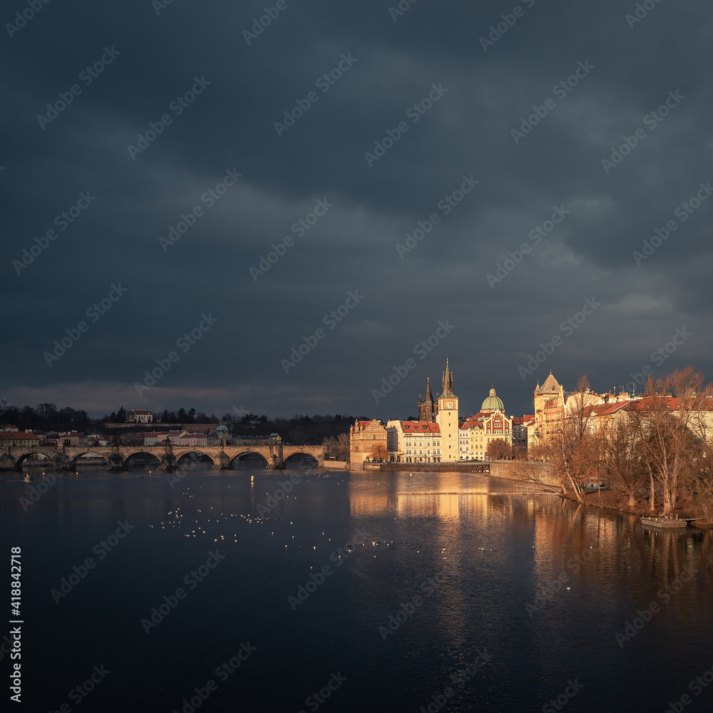 Classic Prague cityscape during beautiful golden hour, with the famous ...