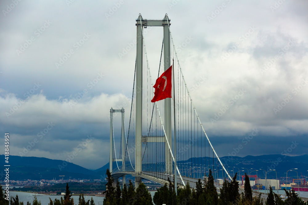 The famous Osman Gazi Bridge in Turkey, which runs over the Izmit Bay ...