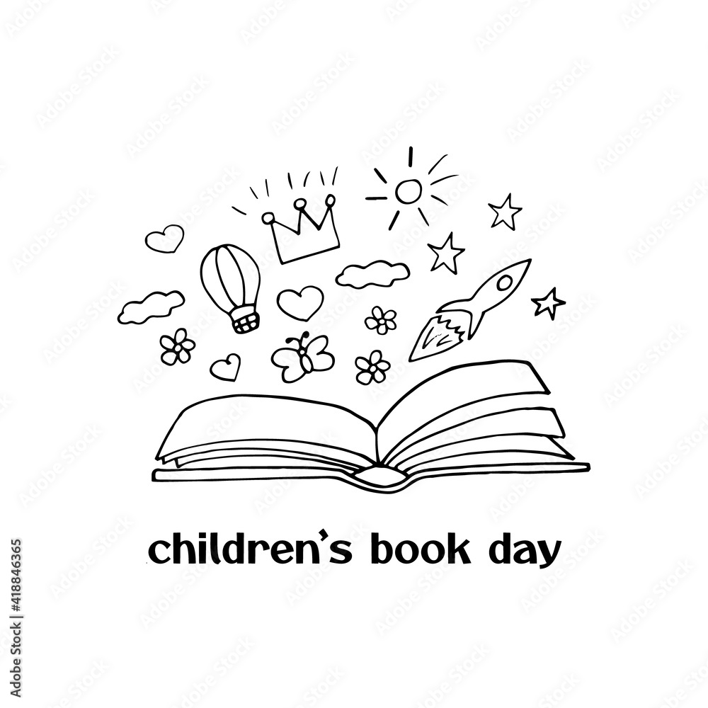 children book day template card, poster, flyer, banner. open book ...