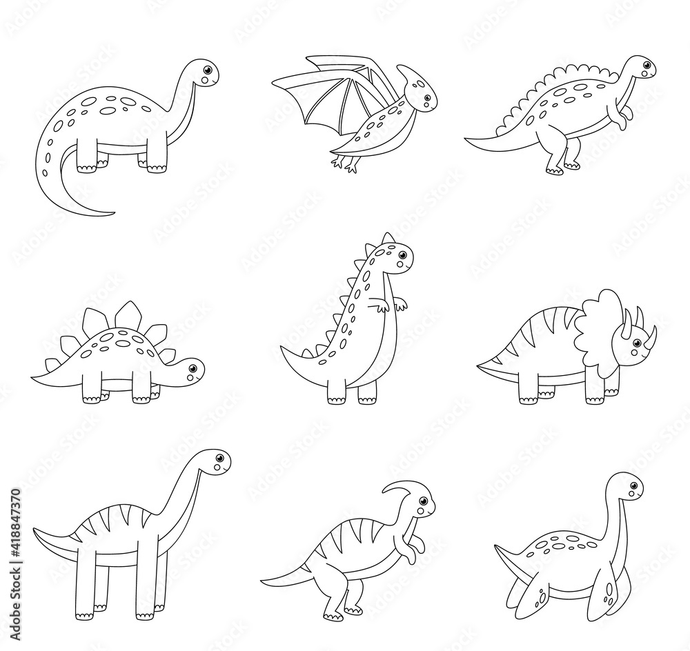 Vetor de Color set of cartoon dinosaurs. Coloring page for kids. do ...
