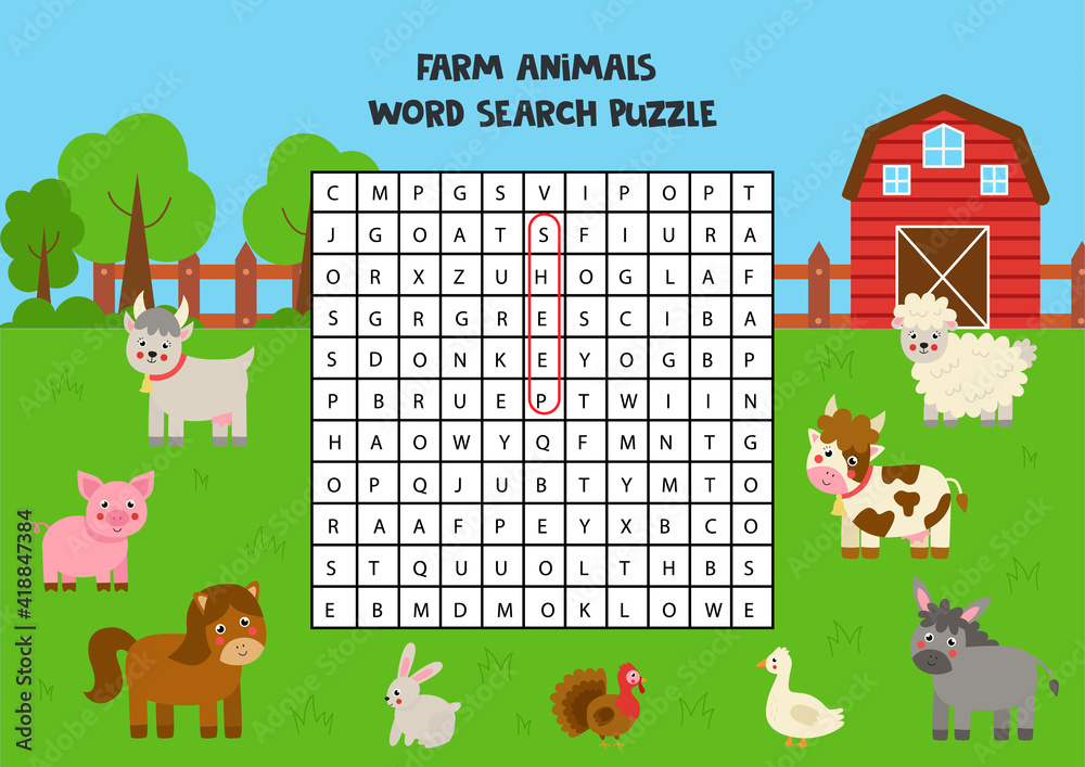 Farm animals search puzzle for preschool kids. Stock Vector | Adobe Stock