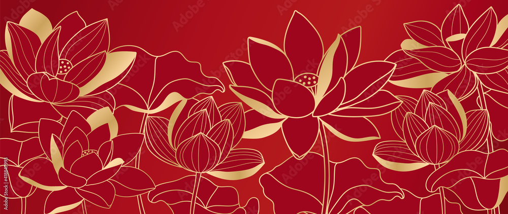 Luxury wallpaper design with Golden lotus on red background. Lotus line ...