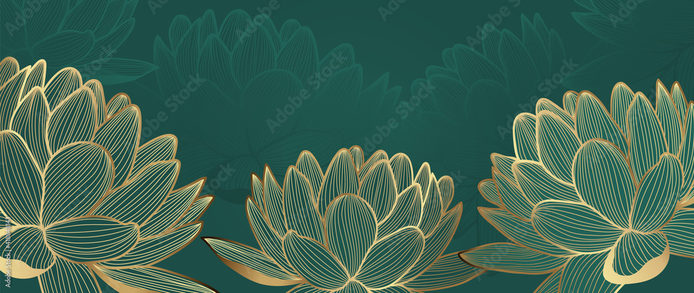 Luxury wallpaper design with Golden lotus and green natural background ...