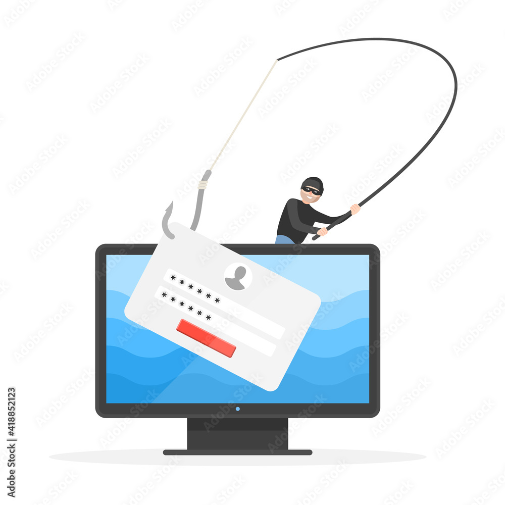 Password private information phishing, document coding theft. Criminal hacker with fishing hook ...