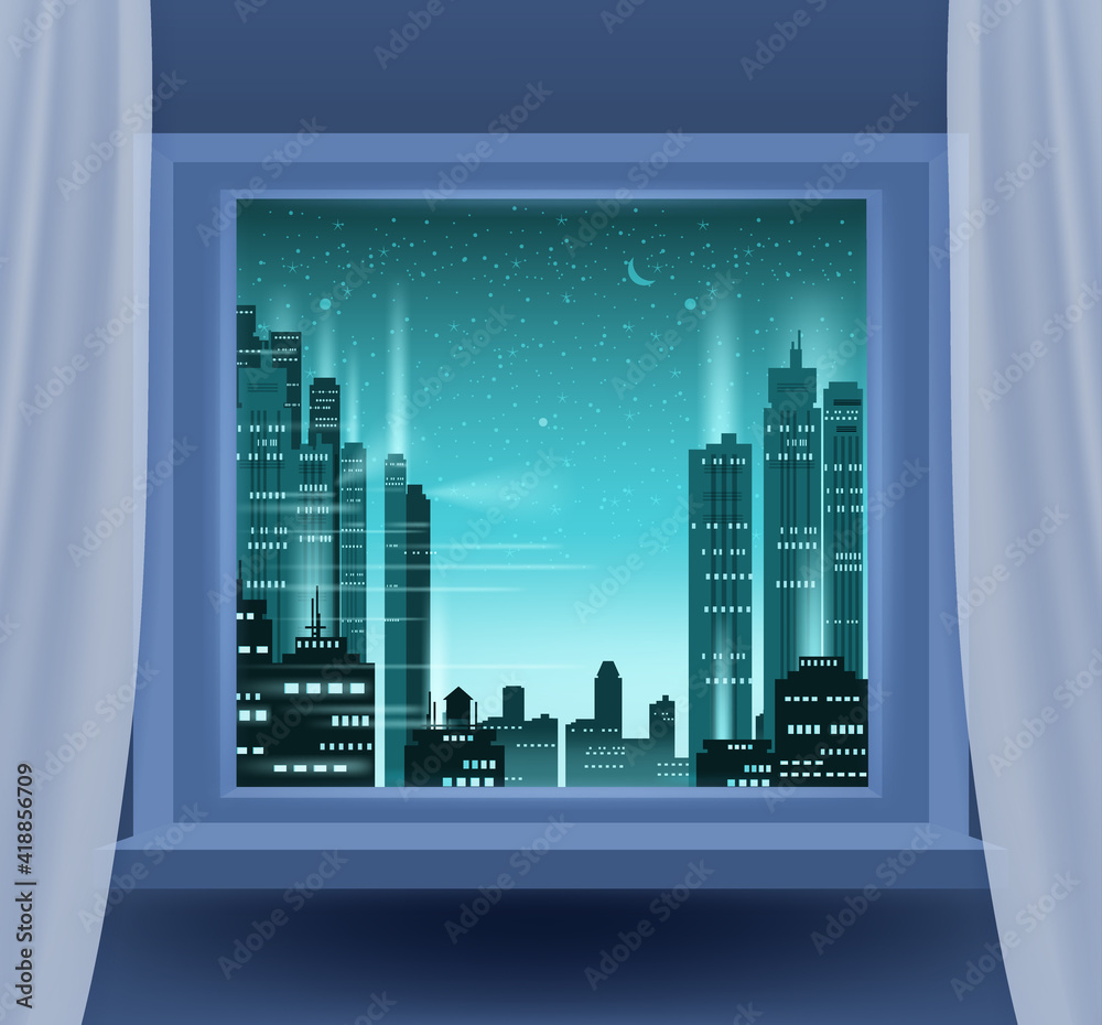 Open window interior home with a night cityscape, city view, street ...