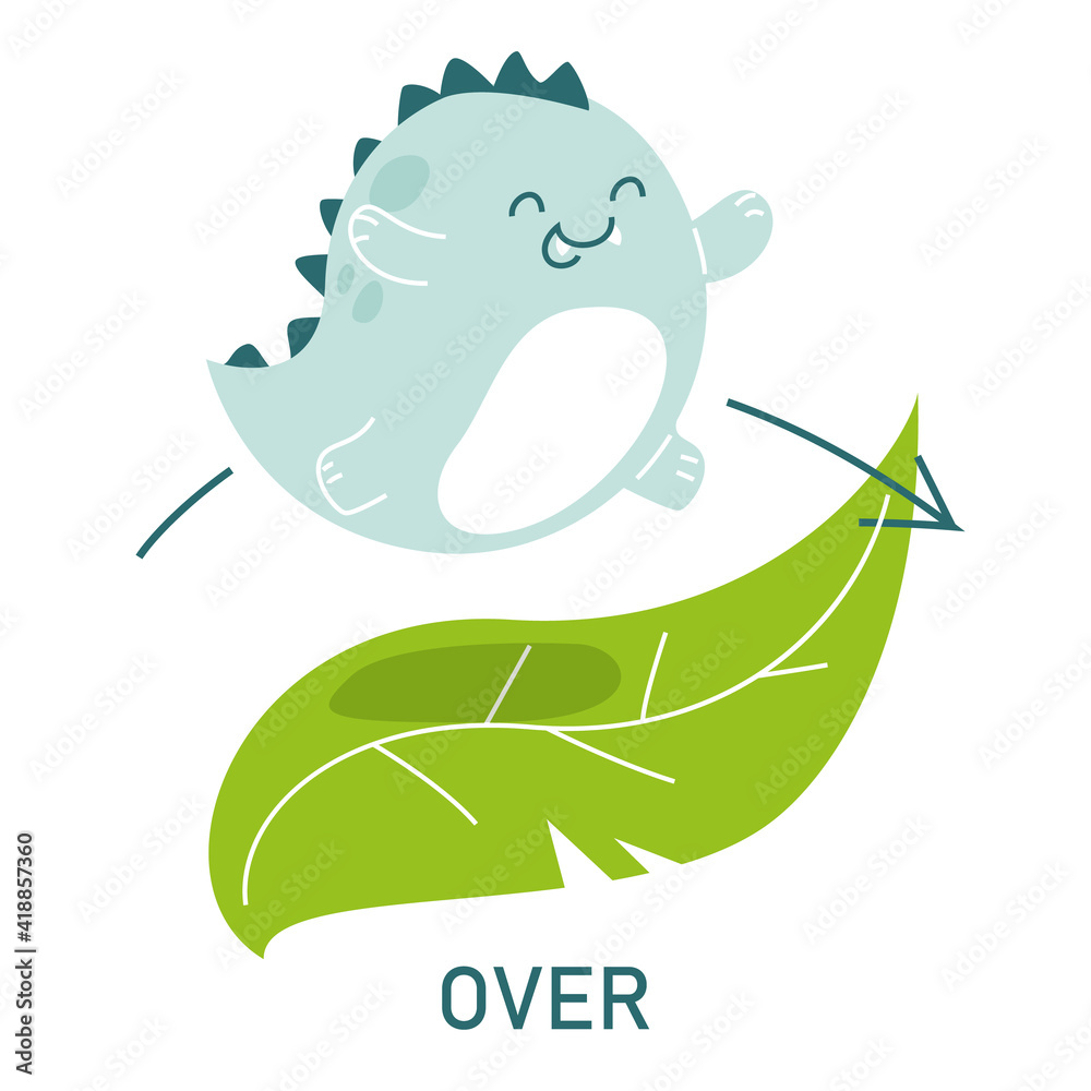 Cute dinosaur jumping over the leaves, learning preposition vector ...