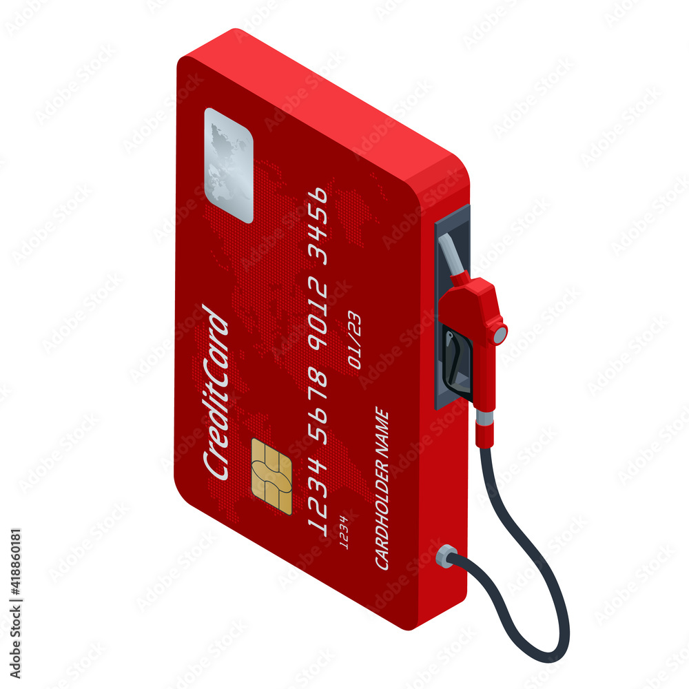 Isometric online payment, fuel pumps at a gas station. Colorful Petrol ...