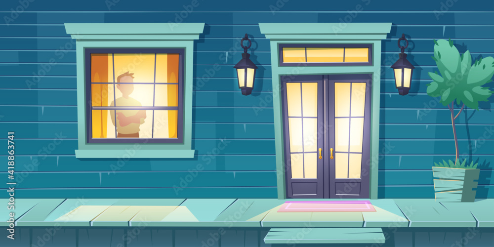 Lonely man with crossed arms stand at window look on night street. Male ...