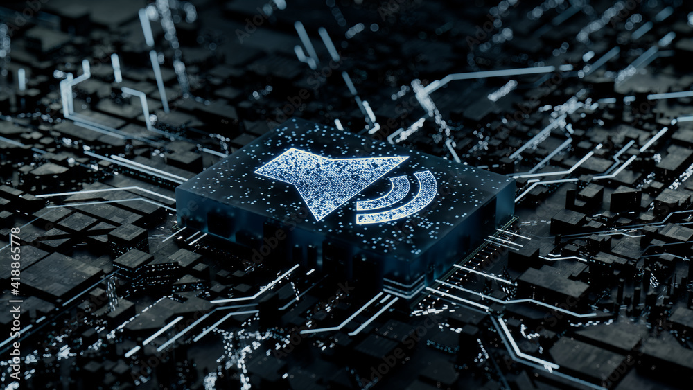Sound Technology Concept with audio symbol on a Microchip. Data flows ...