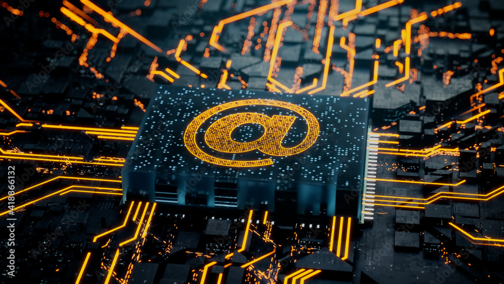 Email Technology Concept with @ symbol on a Microchip. Data flows from ...