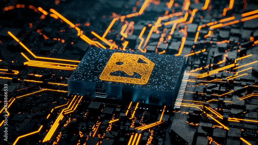 Image Technology Concept with picture symbol on a Microchip. Data flows ...