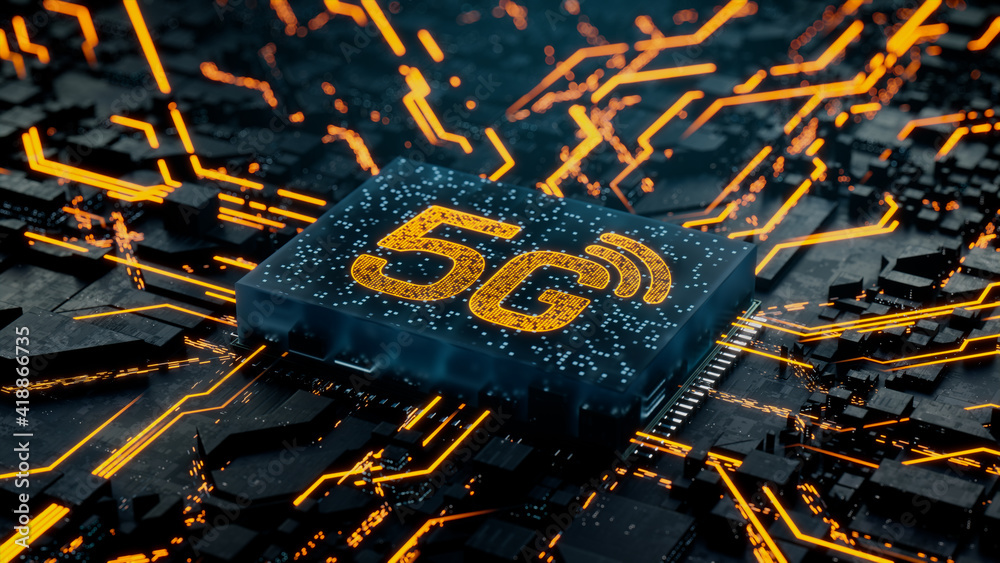 Wireless Technology Concept with 5G symbol on a Microchip. Data flows ...