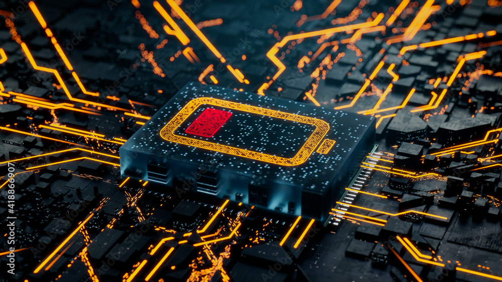 Energy Technology Concept with low battery symbol on a Microchip. Data ...