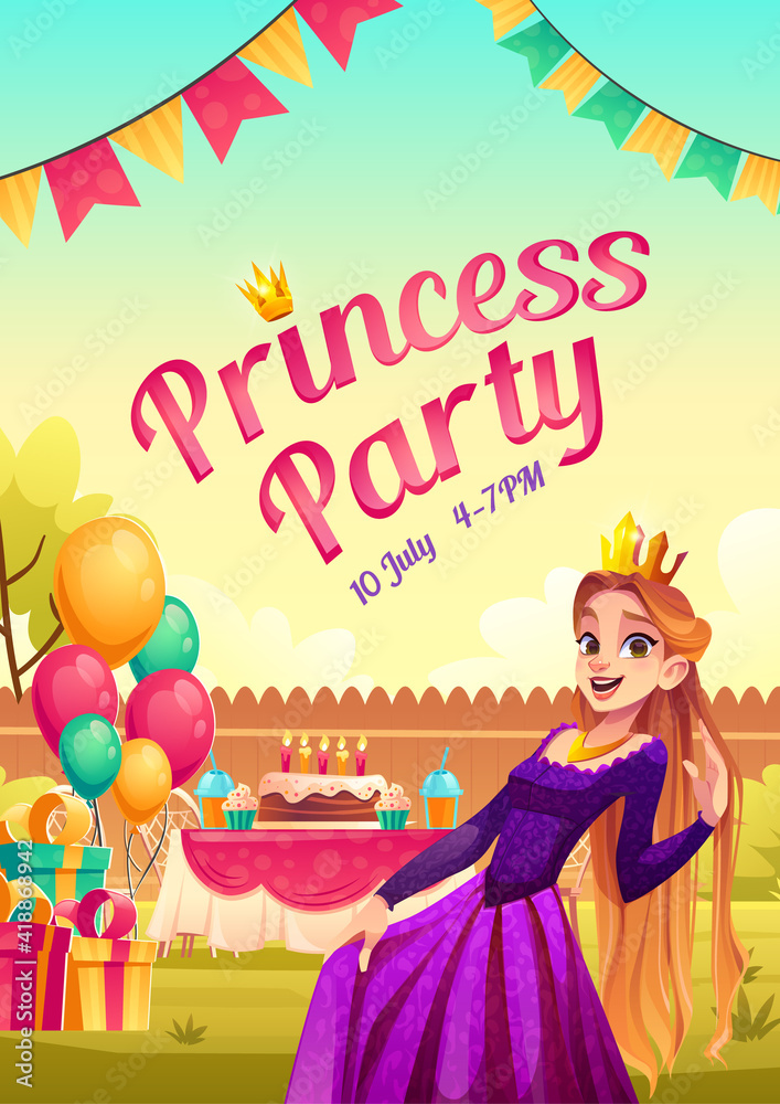Princess party cartoon poster with girl in crown and dress at house ...