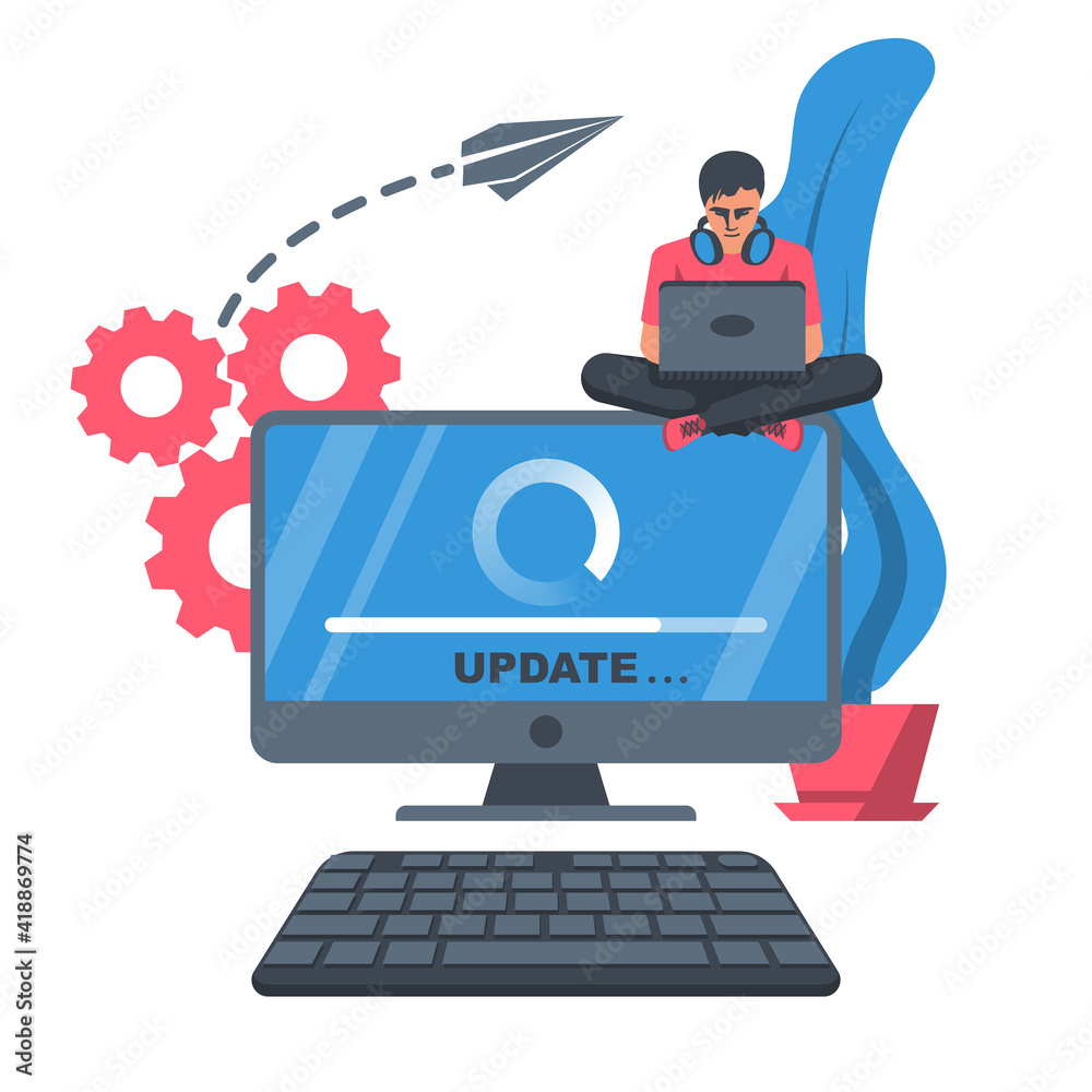 System update. The programmer behind the computer screen. New Version software. Installing ...