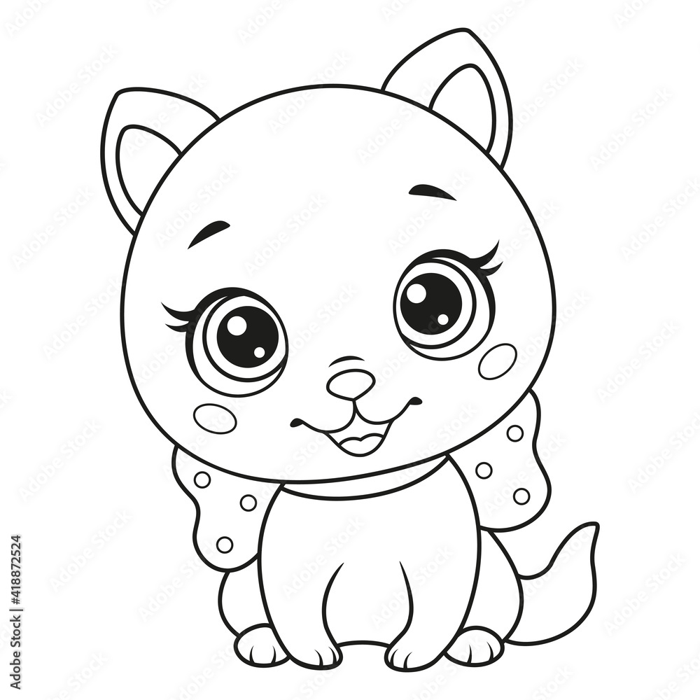 Little cat sitting coloring page for kids. Black and white outline ...