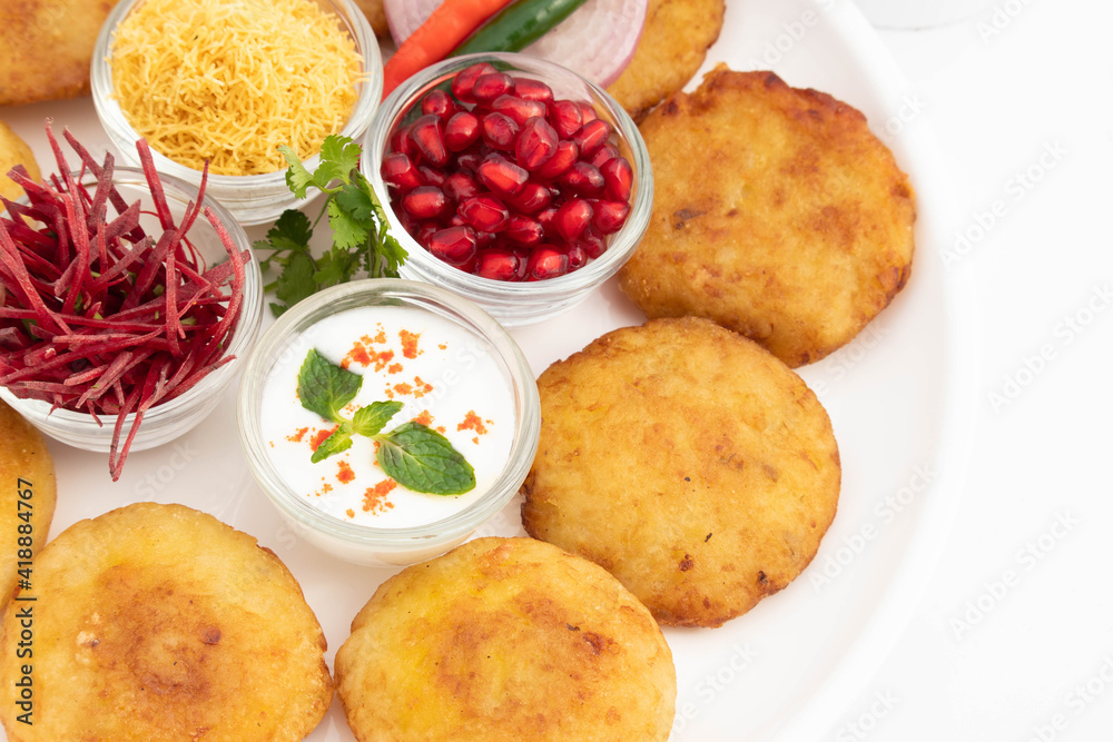 Decorated Plate Of Indian Chaat Snacks Aloo Tikki Also Known As Alu Ki ...