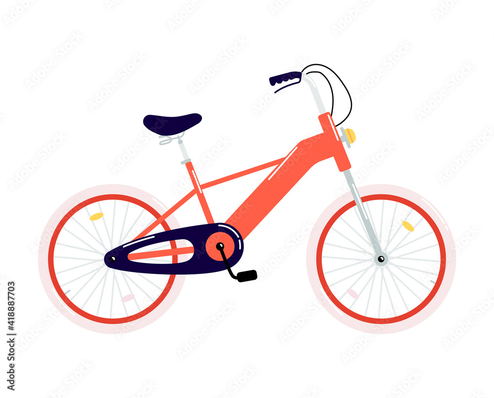 Red two-wheeled bicycle. Bright cartoon bicycle with hand brake and ...