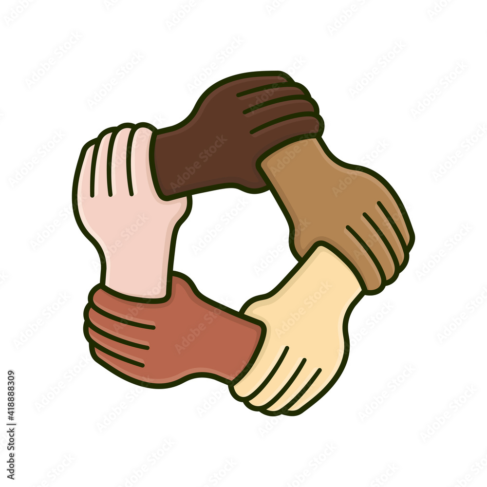 Five hands of different skin colors holding each others wrist isolated ...