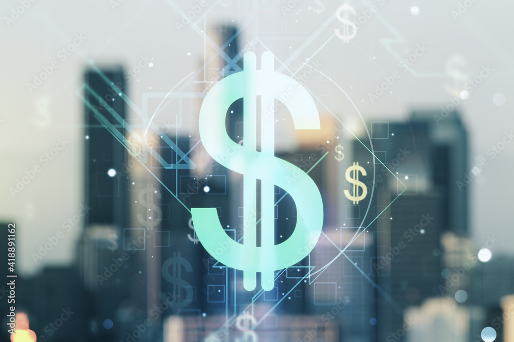 Virtual USD symbols illustration on blurry skyline background. Trading ...