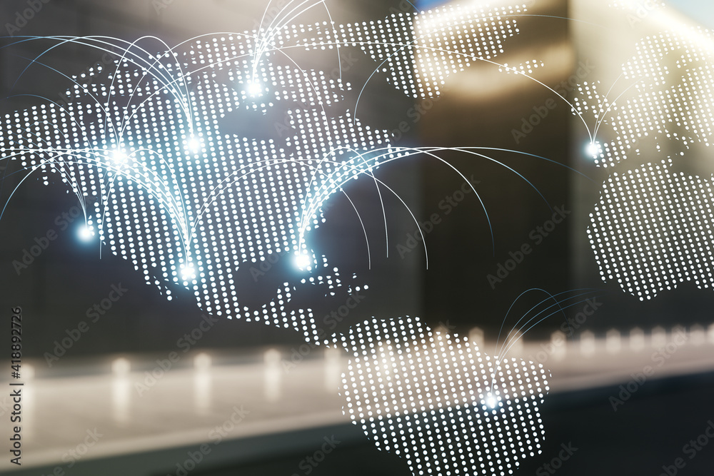 Double exposure of abstract digital world map hologram with connections ...