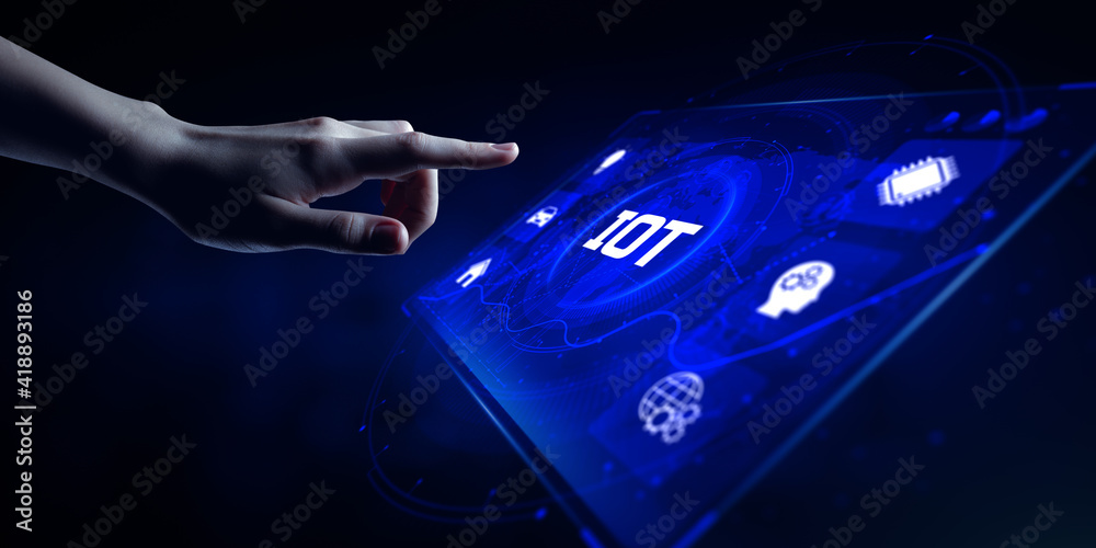 IOT Internet of things wireless technology concept. Hand pressing ...