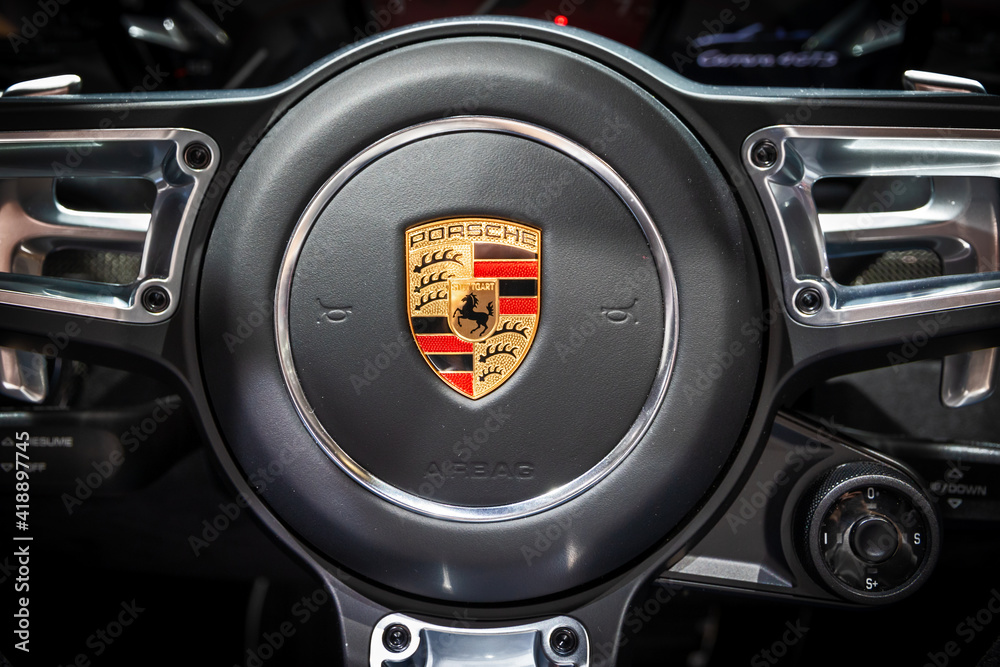 Steering wheel of the Porsche 911 Carrera 4GTS sports car. Stock Photo ...