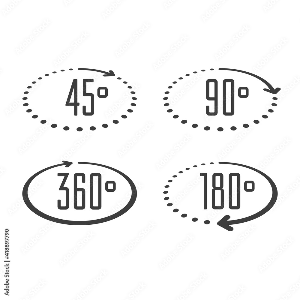 Set of angles 45, 90, 180 and 360 degrees icons. Arrows rotation circle ...