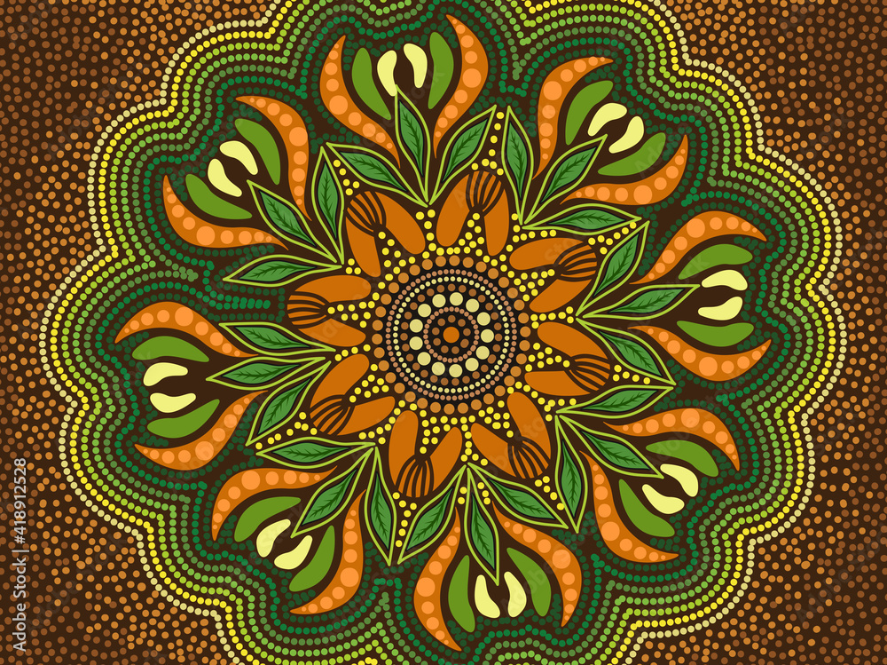 Green aboriginal art background with leaves Stock Vector | Adobe Stock