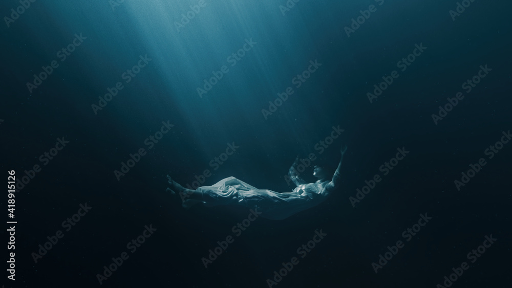Silhouette Of Depressed Woman Sinking Into Underwater Grave Dark Deep ...