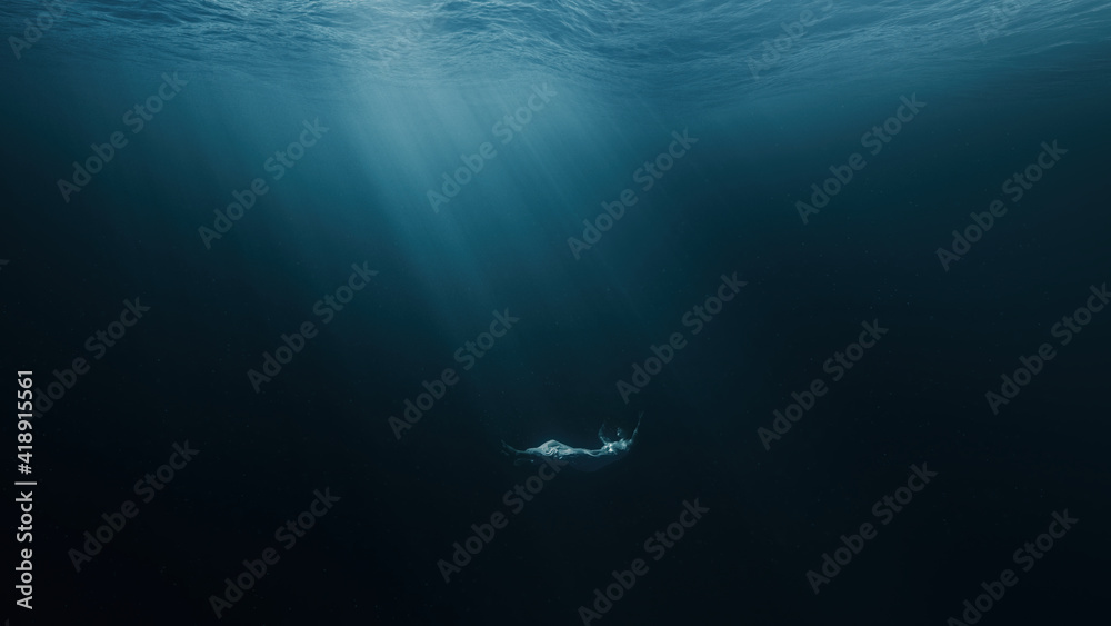 Beautiful Young Woman Sinking Into Abyss Darkness Deep Ocean Underwater ...