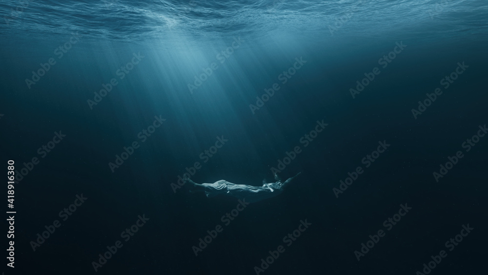 Beautiful Young Woman Sinking Into Abyss Darkness Deep Ocean Underwater ...