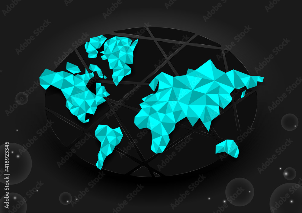 Light blue world map with little stars and bubbles on the black ...