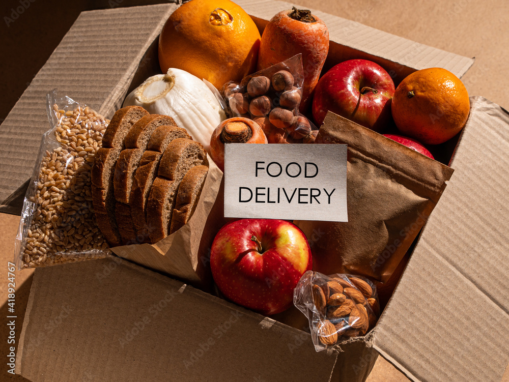 Healthy food delivery flat lay harsh shadows card mockup. Take away ...