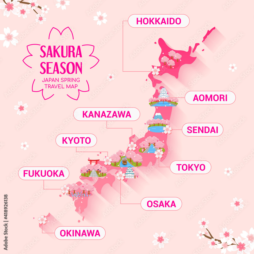 Japan Sakura season travel map vector illustration. Cherry blossom ...