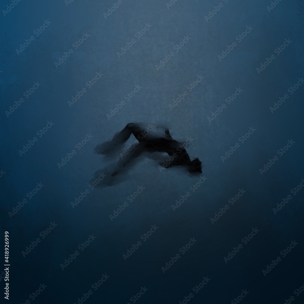 ภาพประกอบสต็อก Dark illustration of drowning silhouette person in the ...
