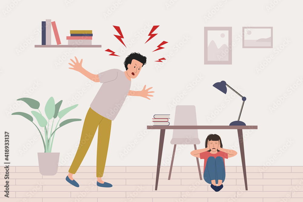 Child abuse concept. Angry father yells at scared girl sitting under ...