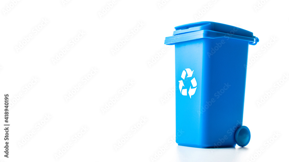 Trash bin. Blue dustbin for recycle paper trash isolated on white ...
